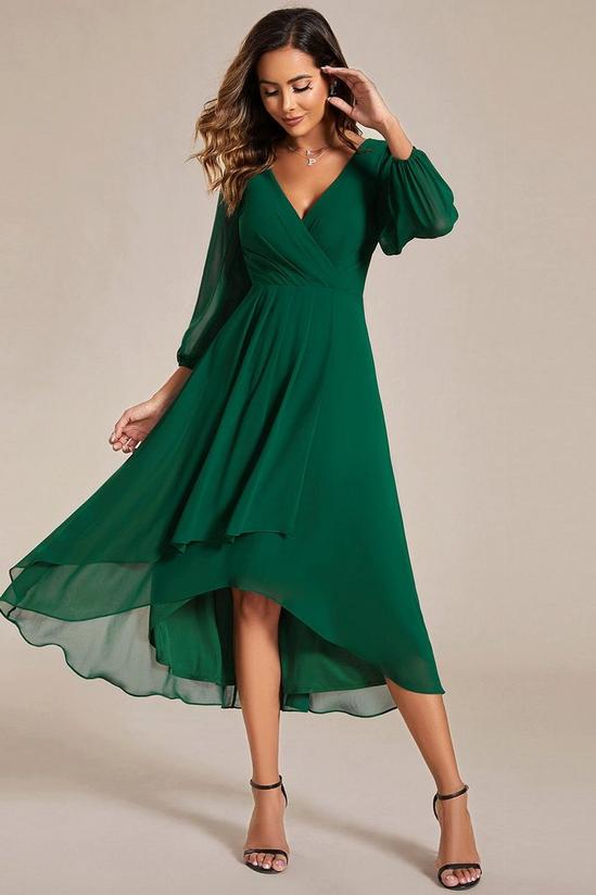 Dresses Elegant Long Sleeve V Neck High Low Chiffon Wedding Guest